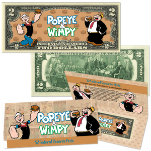 Popeye® and Wimpy™ $2 Colorized Note with Holder | Littleton Coin Company